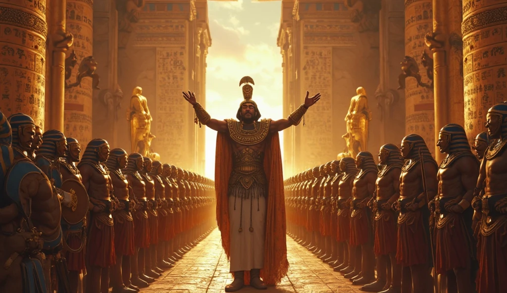 A dramatic scene with the Pharaoh standing tall in a grand royal palace ...