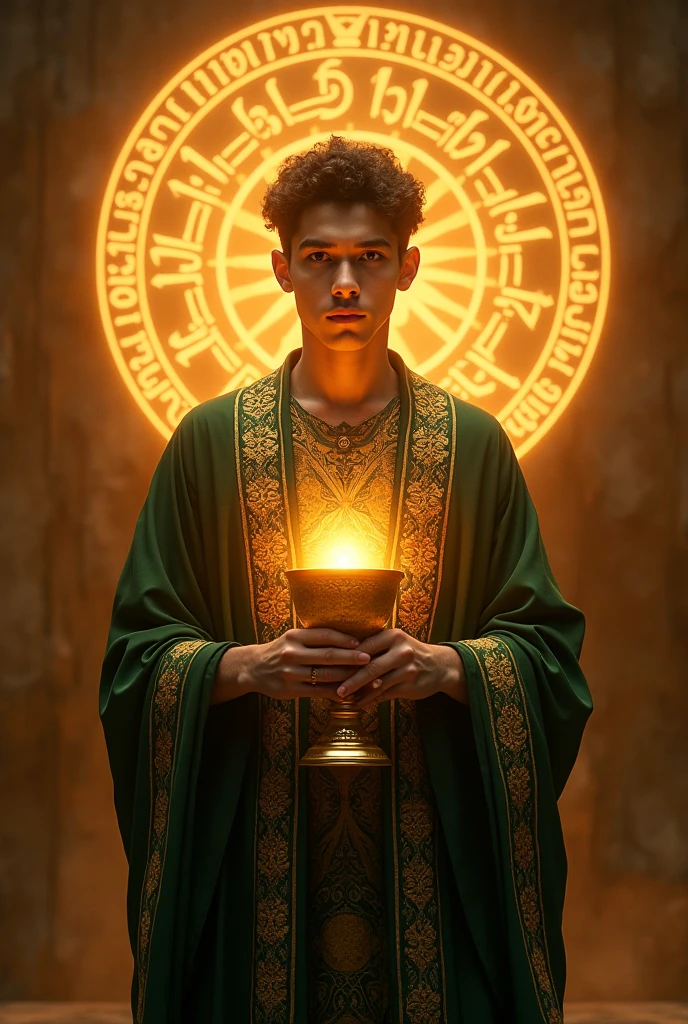 A divine, young celestial male standing centered with intense eye ...