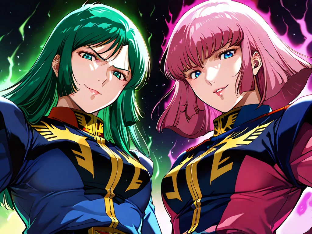 2girls, front focus, from below, looking at viewer, duet performance ...