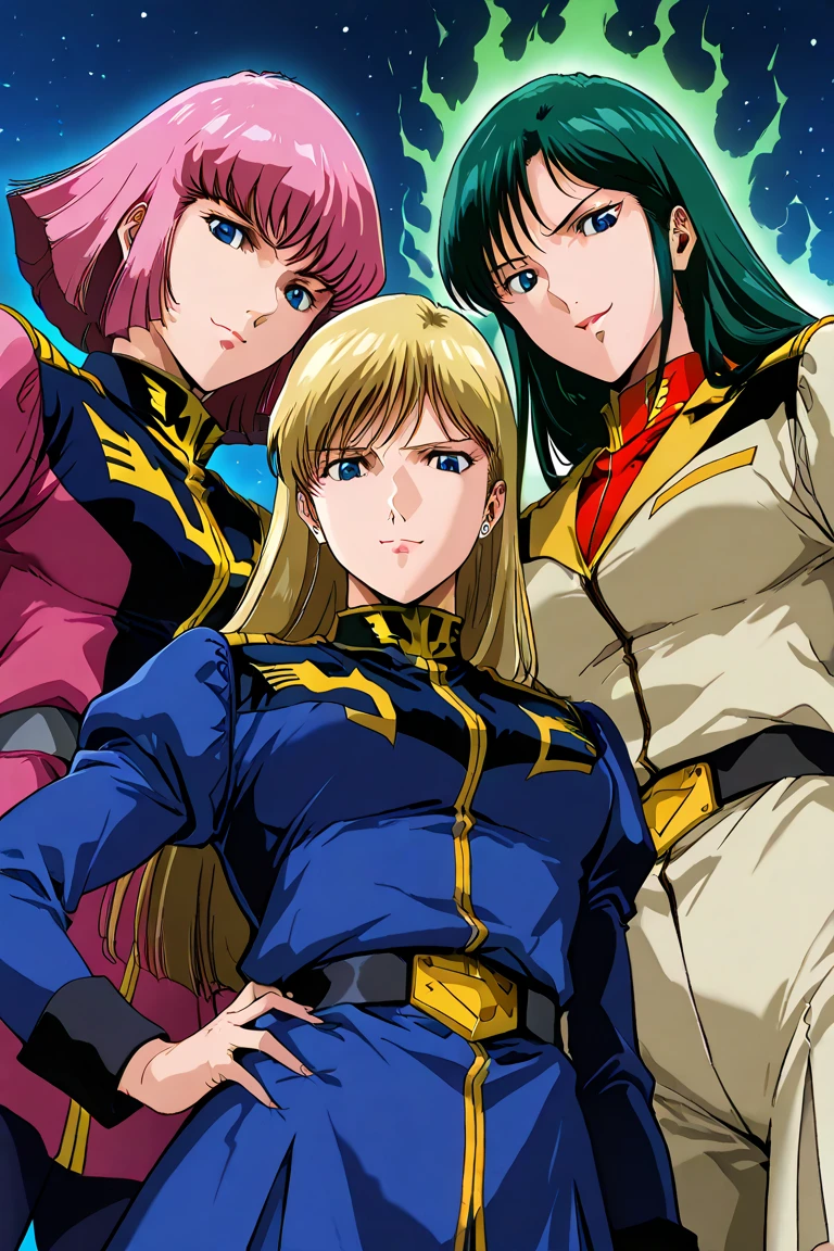 3girls, front focus, from below, looking at viewer, hand on hip - SeaArt AI