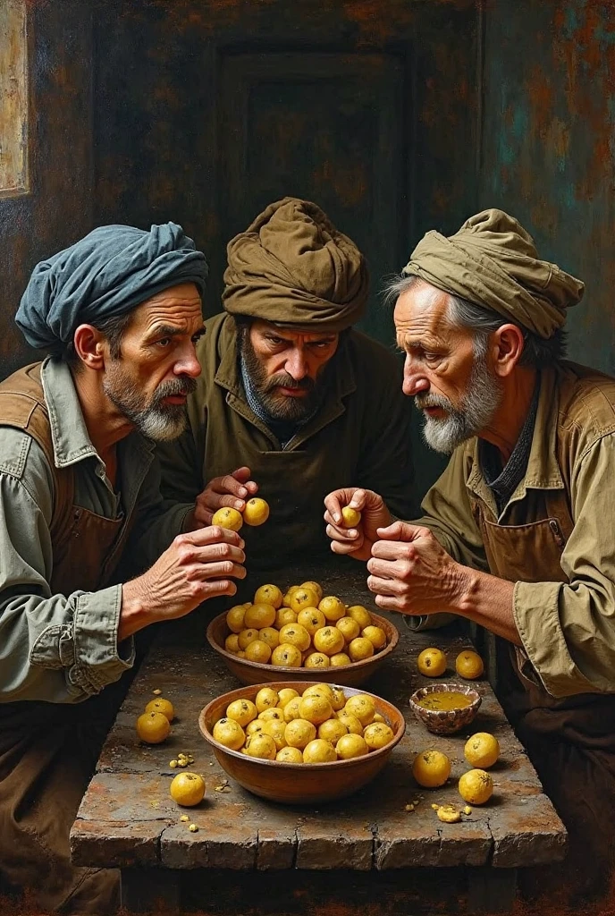 Mix the style of Van Gogh and Caravaggio creating the potato eaters ...