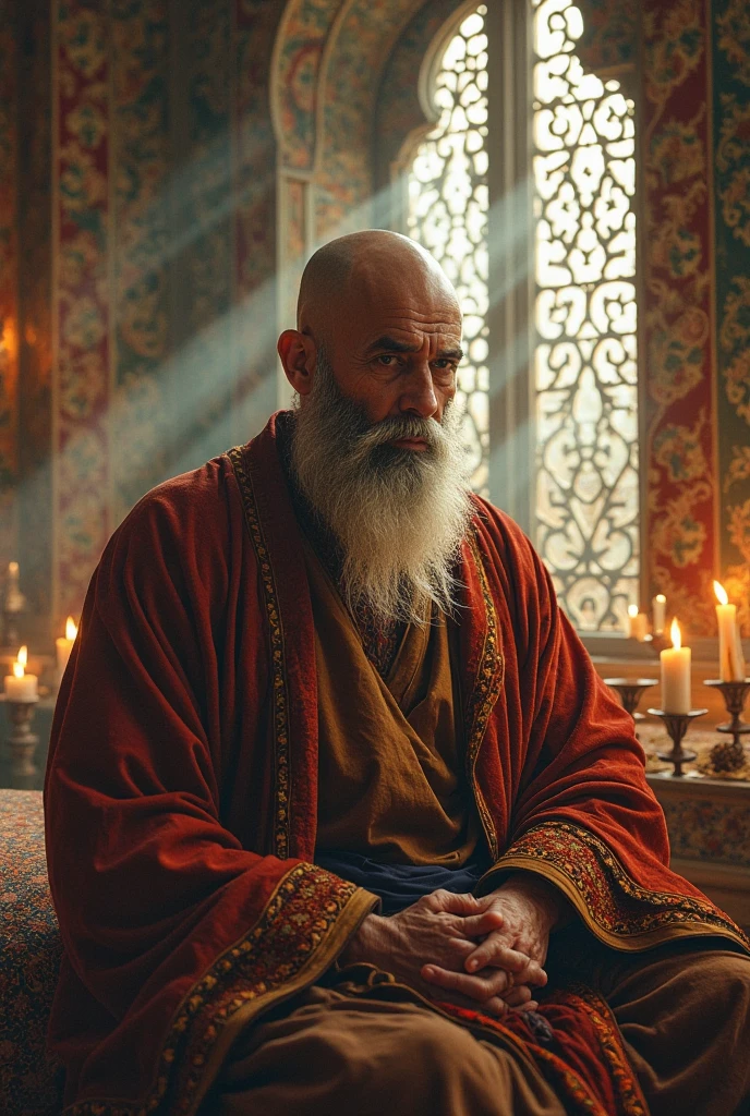 An anime monk dressed in ancient Persian waking up from a long sleep ...