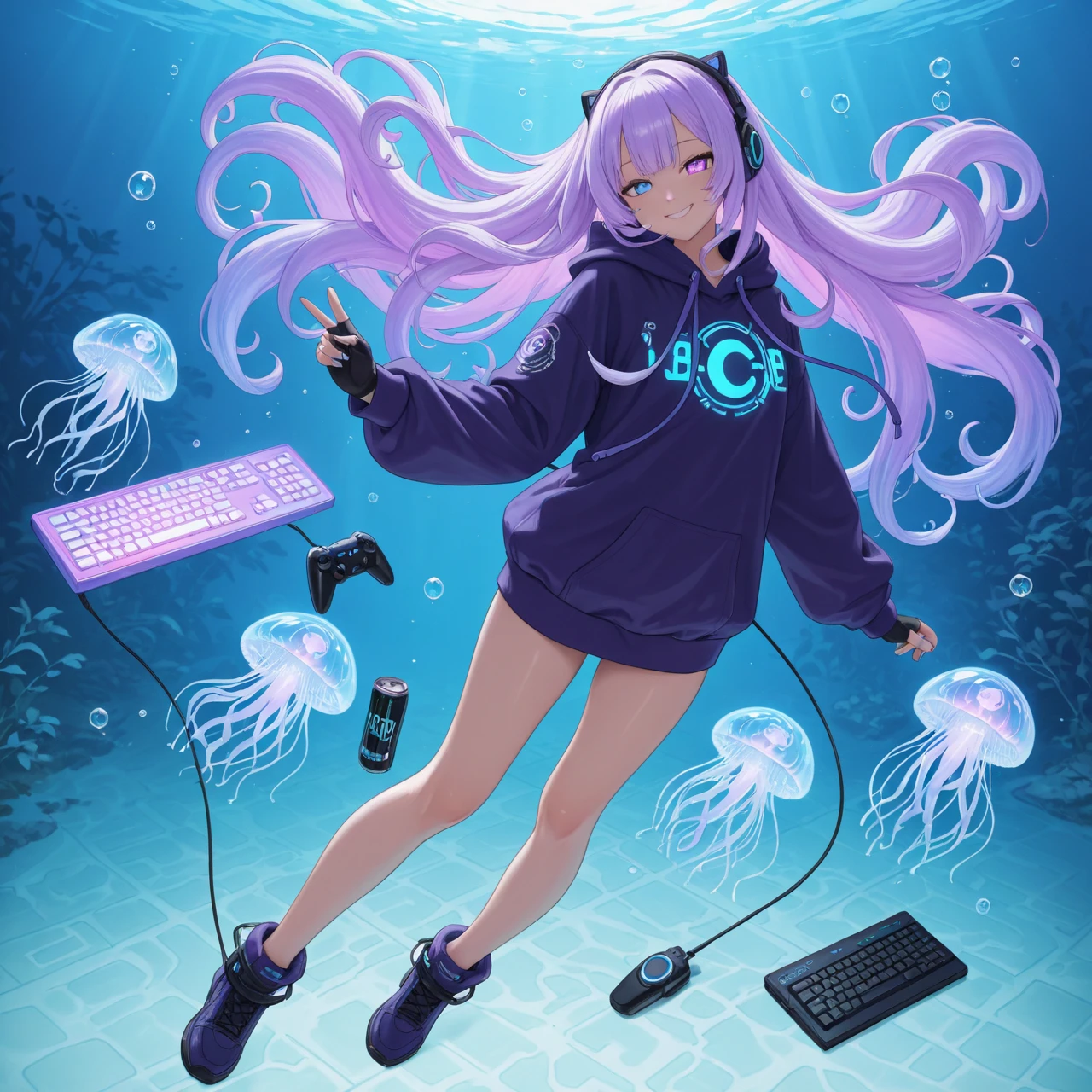 A mesmerizing jellyfish girl gamer with translucent lilac (#C8A2C8 ...