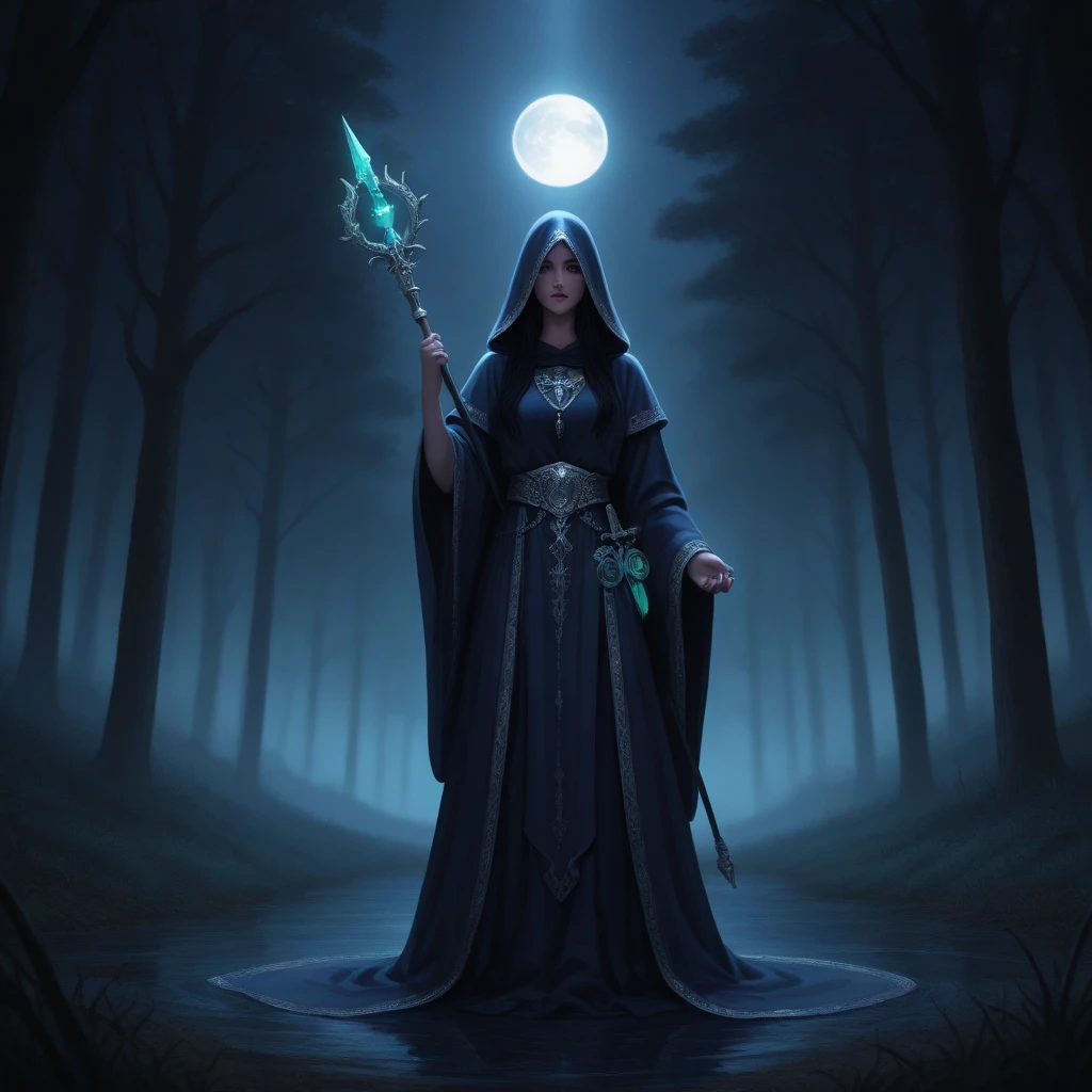 Young woman cultivator, early twenties, flowing dark blue robes with ...