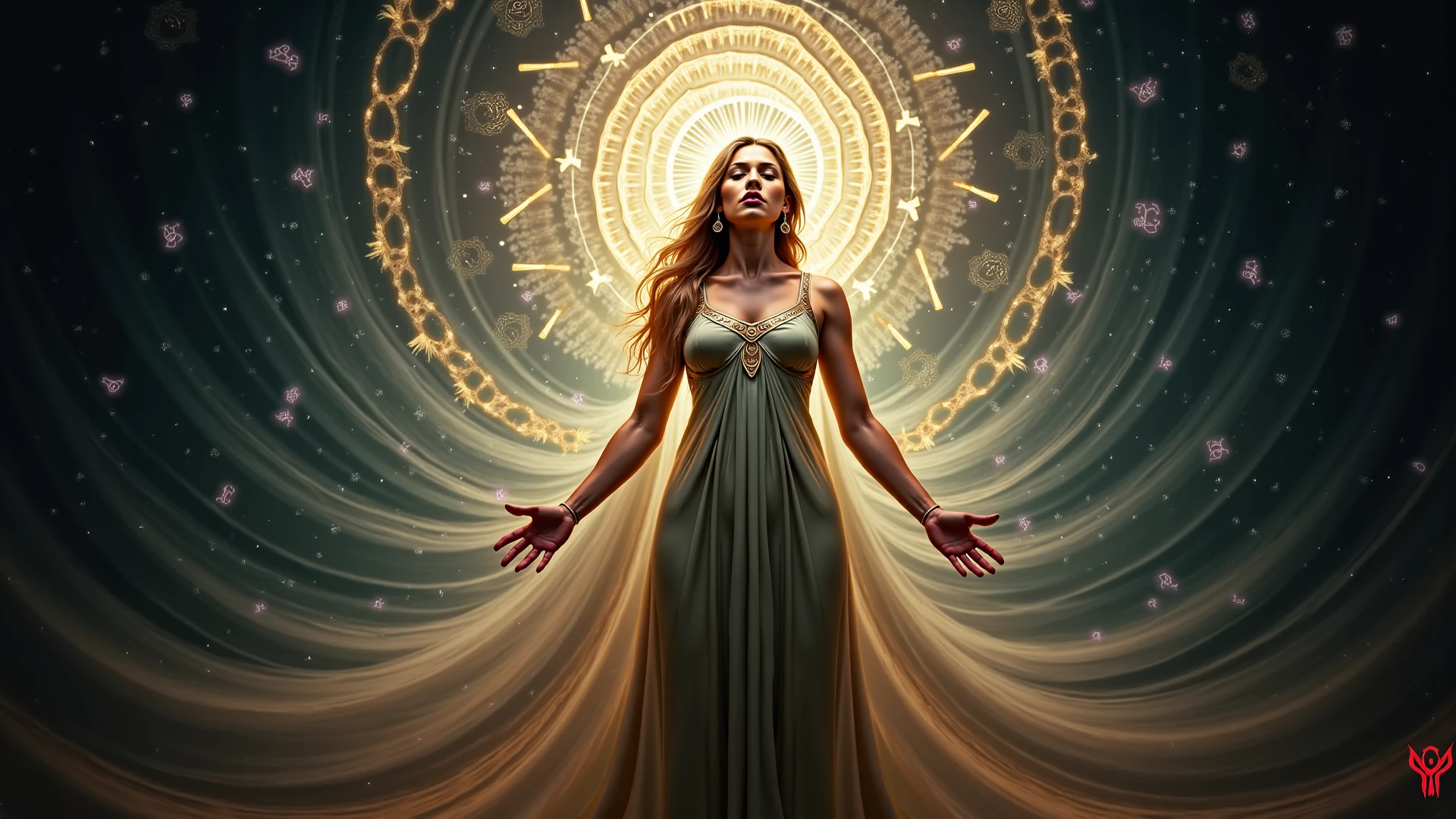 Goddess of knowledge, with symbols of physics and spiritual glyphs ...