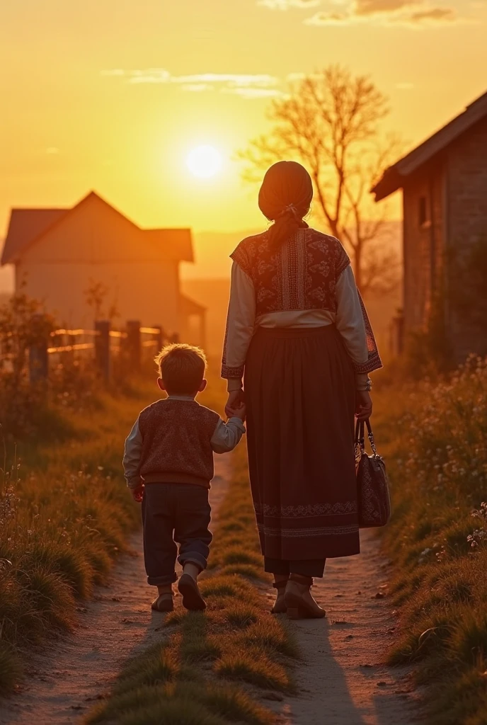 Sunset rural scene with a strong, determined Romanian woman - SeaArt AI