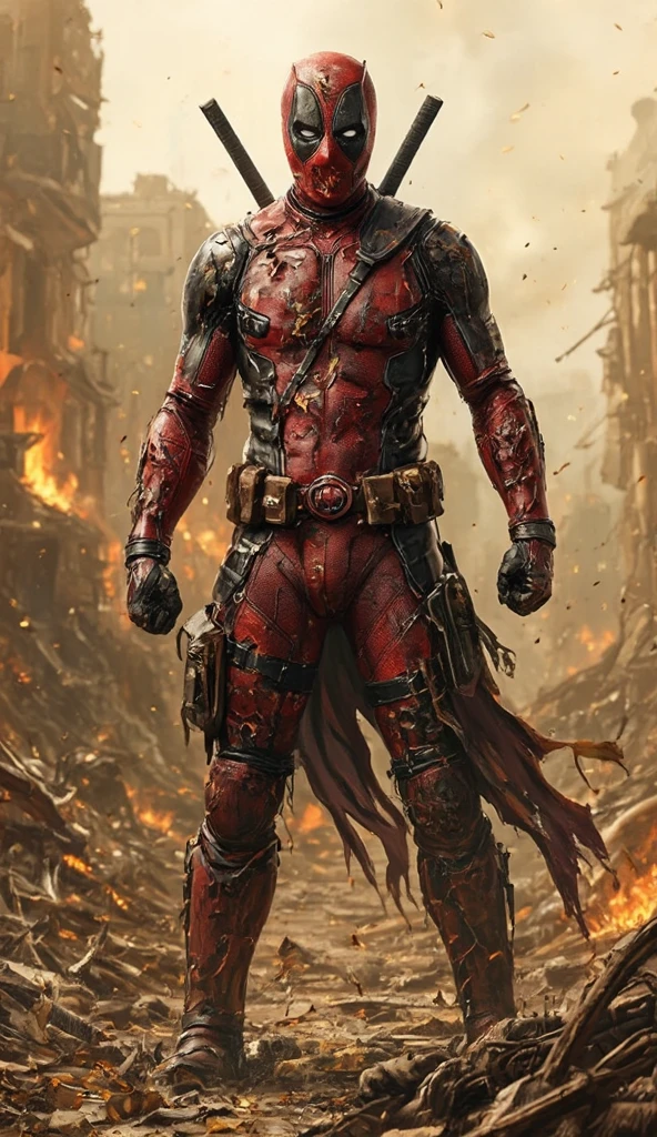 Deadpool all scorched in full body, in the middle of an apocalyptic scenario - SeaArt AI