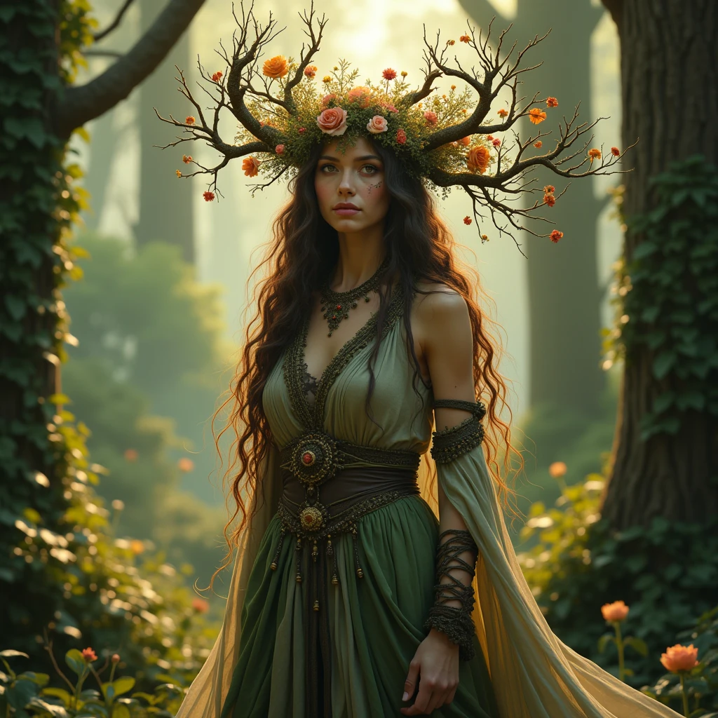 Create a Druid woman with flowers or branches on her head like an ...
