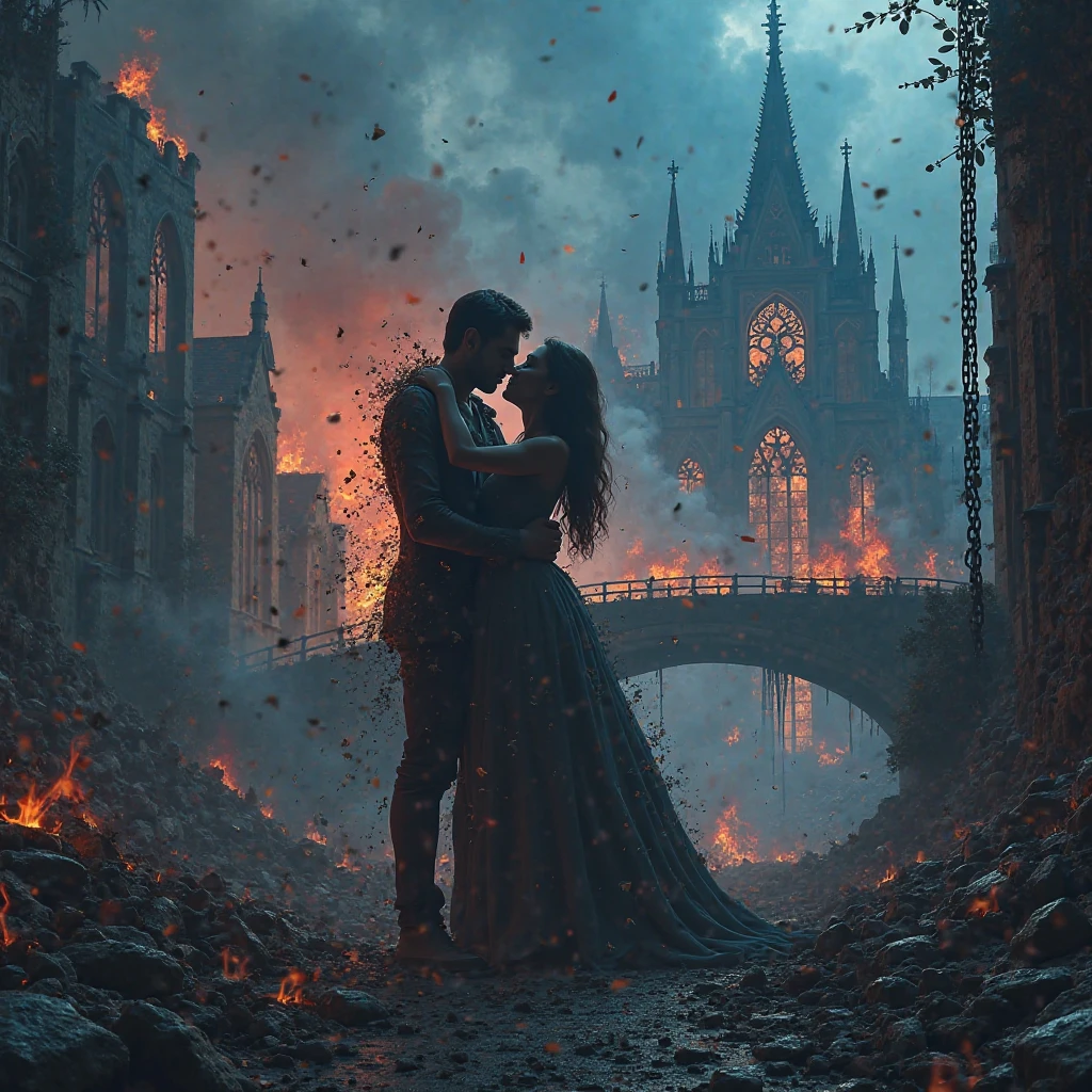 1. MAIN ELEMENTS Foreground (dominates): Two silhouettes, a man and a ...