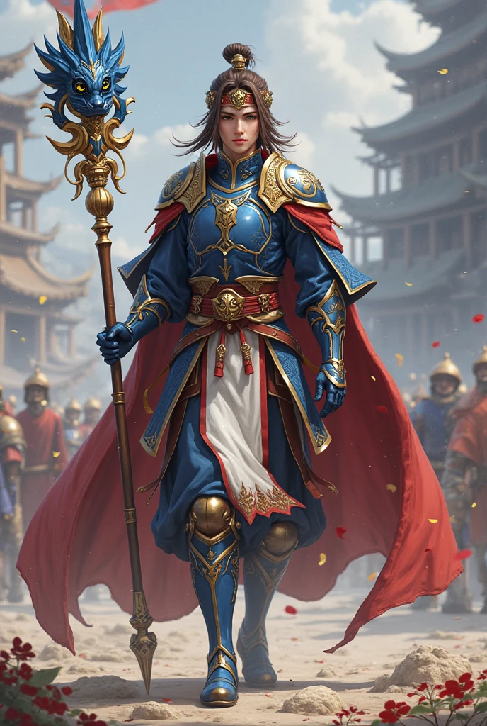 Young Zilong : half blue colour armor for chest has gold line on boarder line an - SeaArt AI