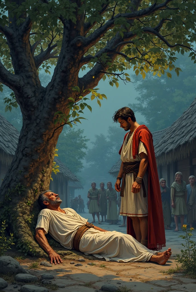 A sick man lying under a tree, weak and pale, coughing, the prince ...