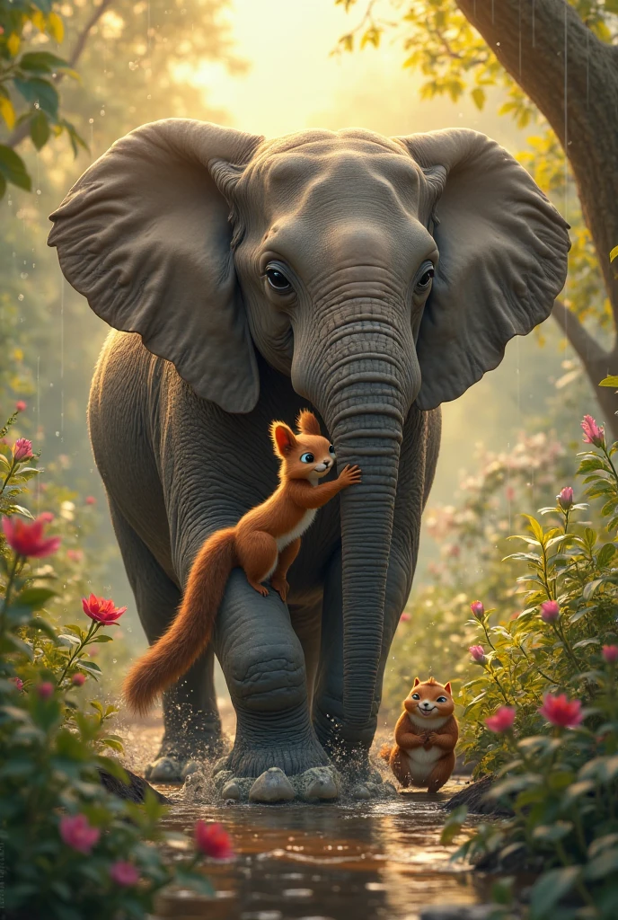 The elephant finally out of the mud, all animals cheering and ...