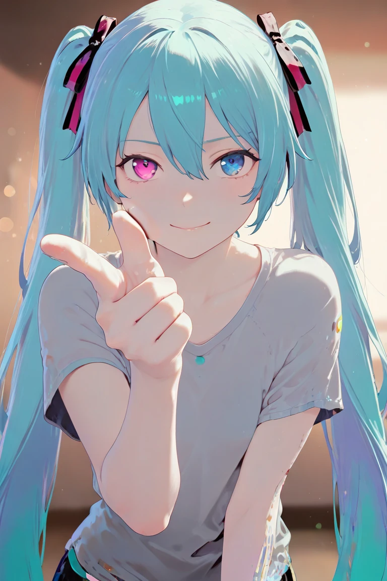 1girl, solo, hatsune miku, turquoise hair, twintails, hair ribbon ...