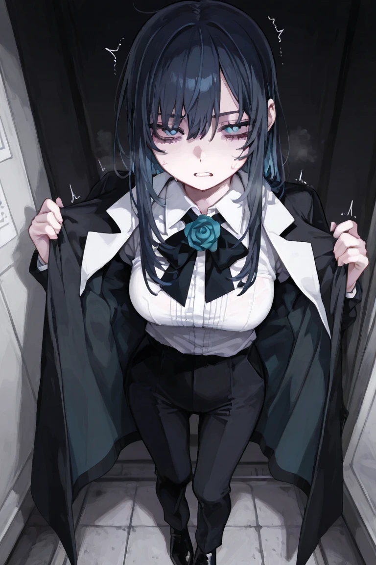 22 years old, long hair, Blue Eyes, moles under eyes, blue hair - SeaArt AI