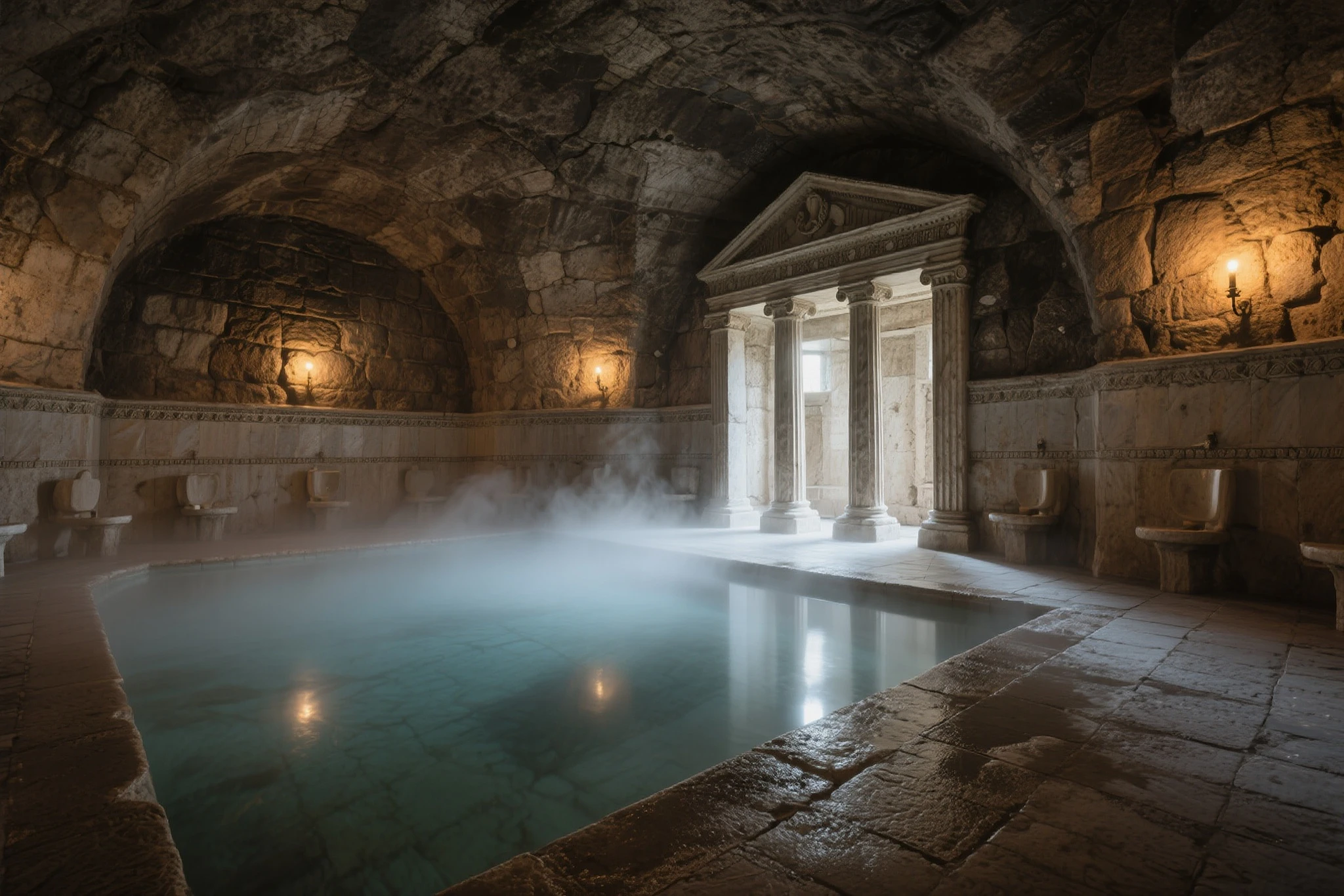 Hot spring dungeon, huge hot spring in an underground dungeon - SeaArt AI