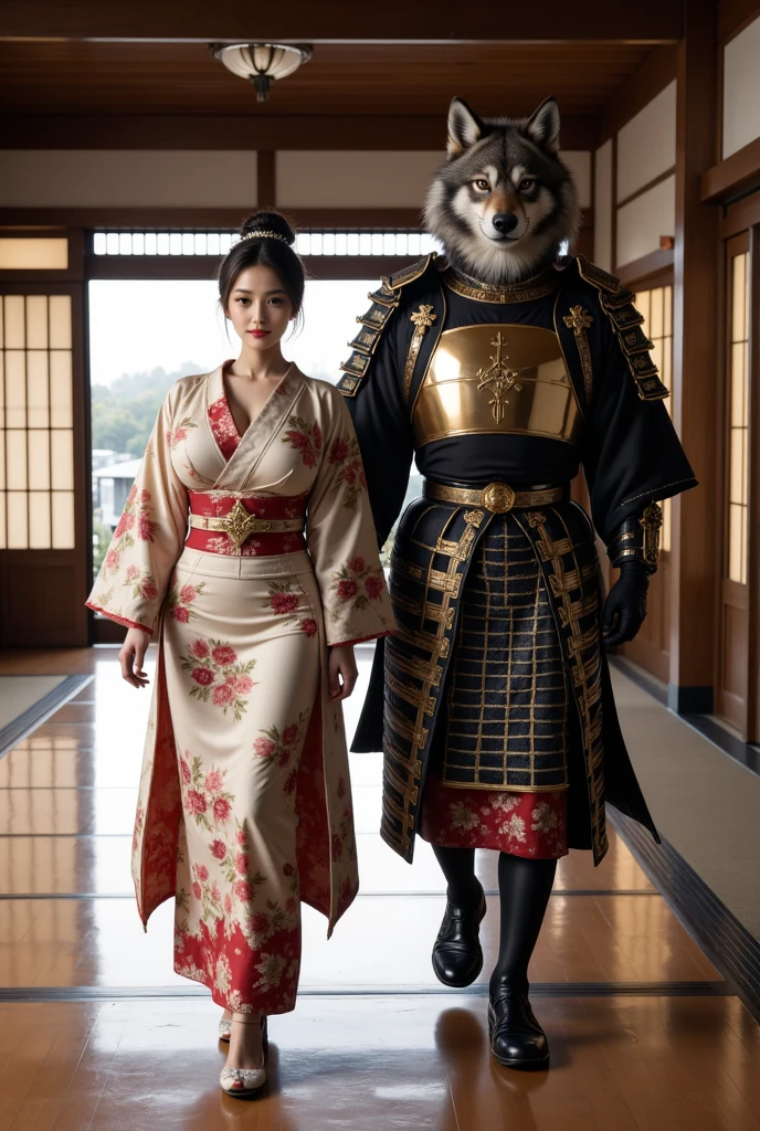 A beautiful Japanese empress in an ornate Heian-period kimono with ...