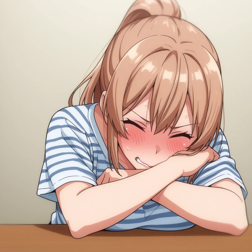 Anime-style girl, light brown hair in a high ponytail, striped tight ...