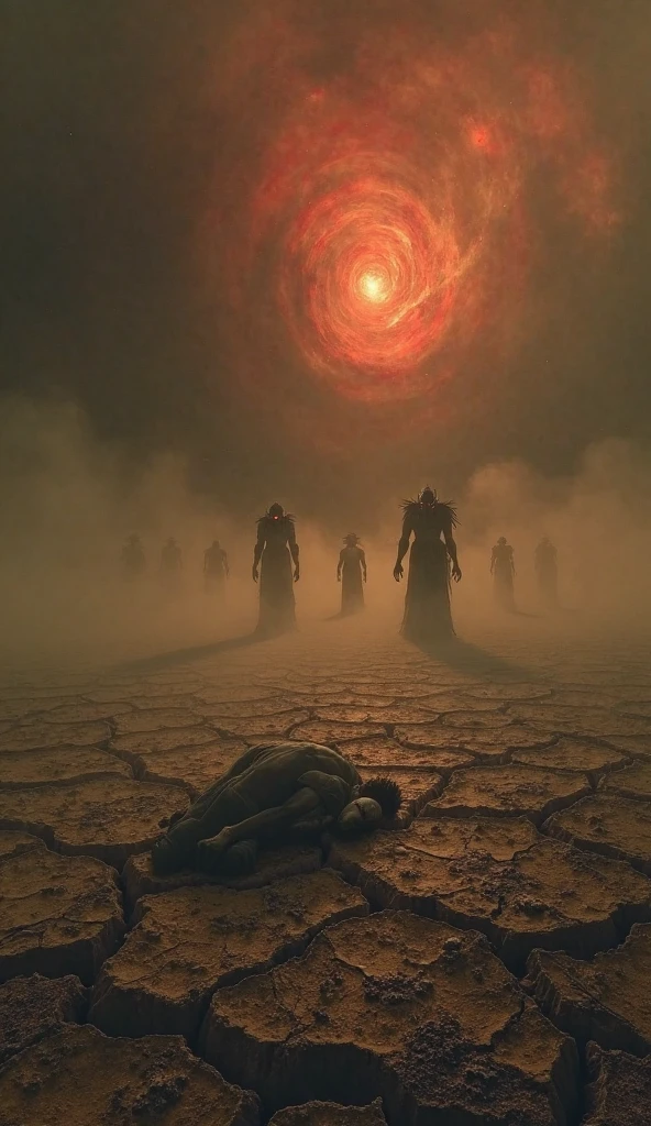 A vast, desolate landscape shrouded in thick, brown fog. The ground is ...