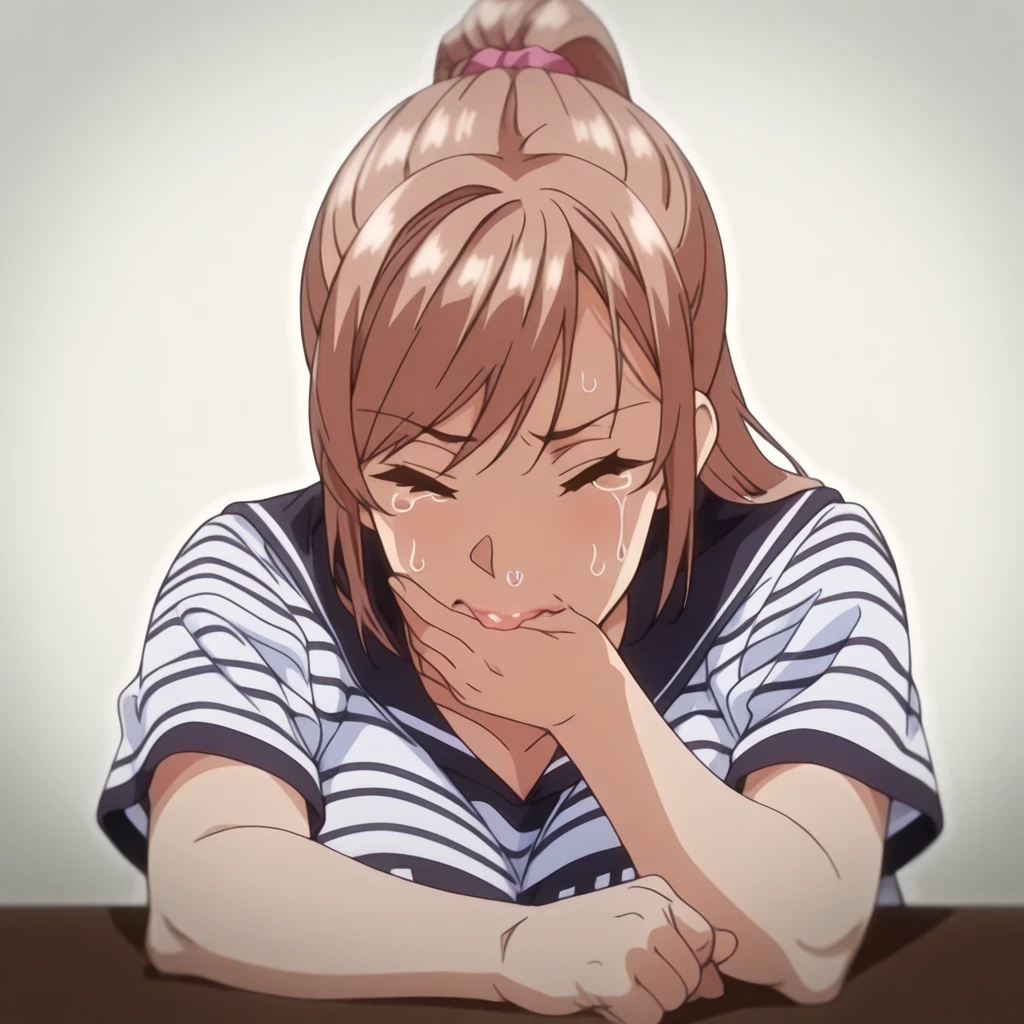 Anime-style girl, light brown hair in a high ponytail, wearing a ...