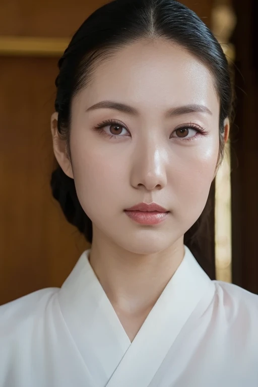 A beautiful japanese woman with an updo hairstyle, slicked back hair ...