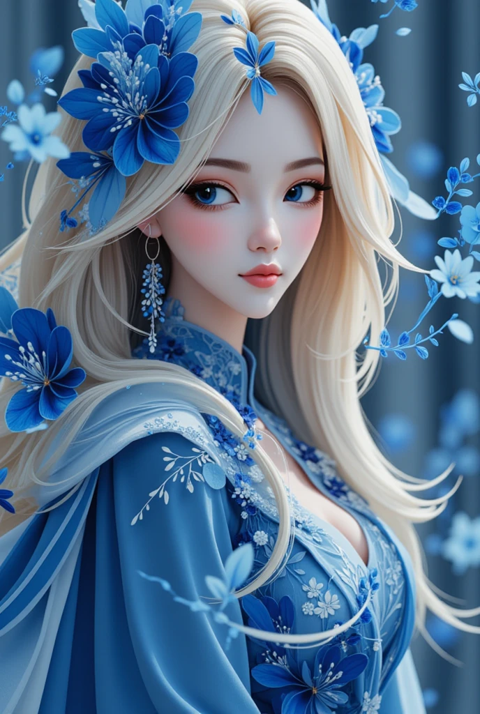 an ultra-photorealistic 3D artwork of a mysterious aristocratic blond ...