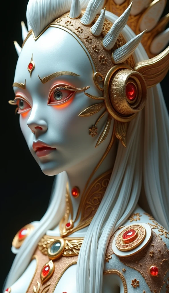 Close-up portrait of a humanoid ceremonial construct, sculpted with ...