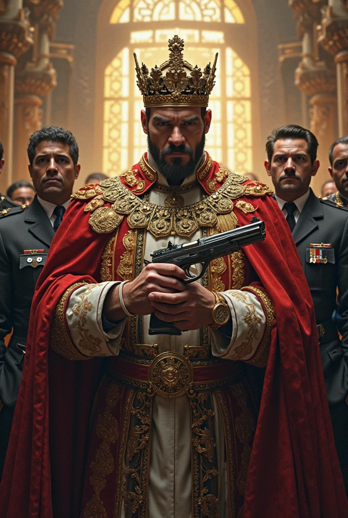 A king with a gun and security - SeaArt AI