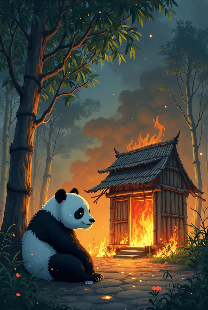 A bamboo house burning with big flames and dark smoke, a sad cartoon ...