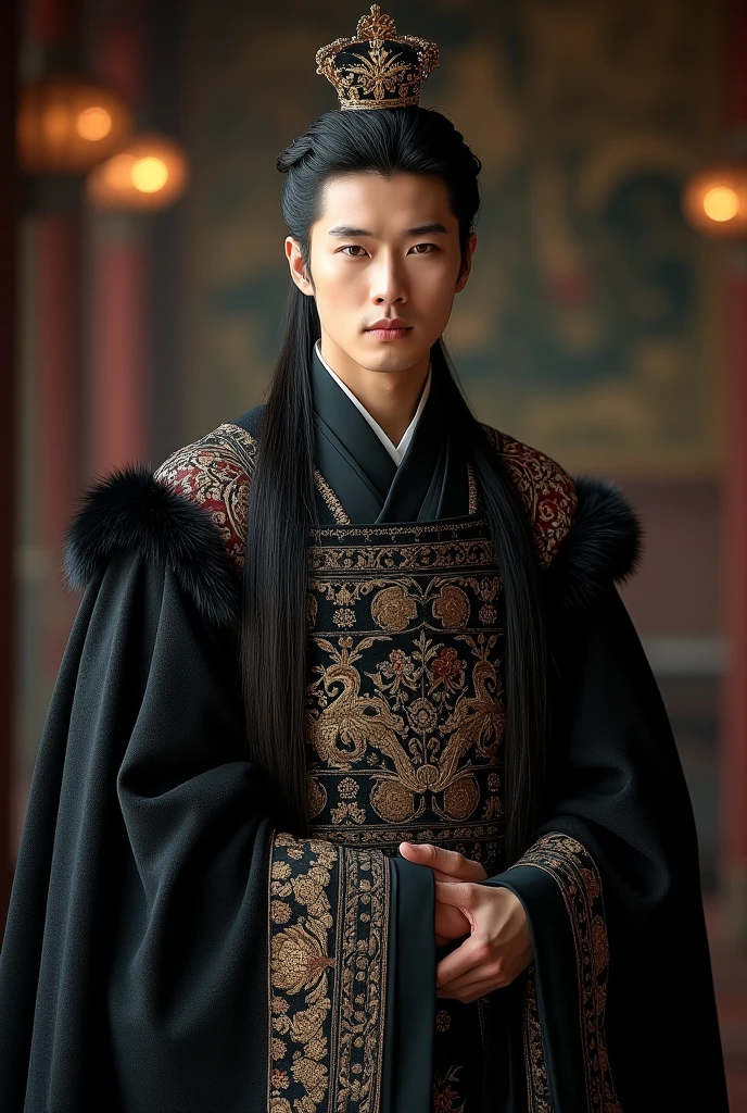 Handsome chinese man wearing long black hanfu, chinese crown - SeaArt AI