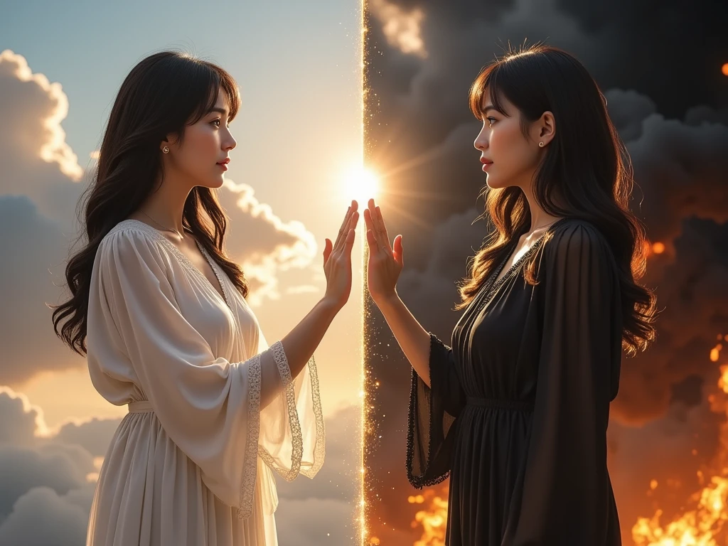 A powerful cinematic scene featuring the same woman standing on ...