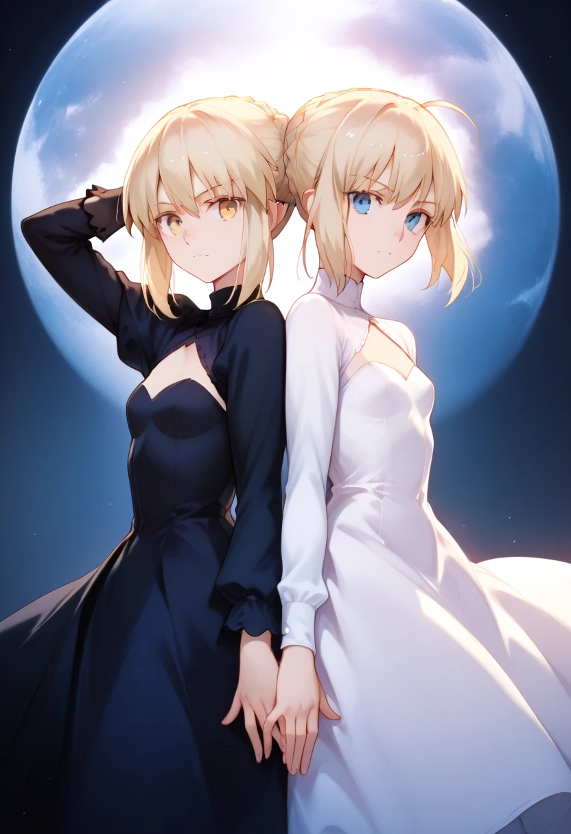 2 split screen; 2 girls. On the left panel is Saber (blonde hair ...