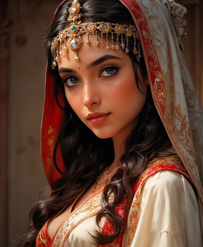 Priya mohan close-up portrait a regal young woman gazes forward beneath ...