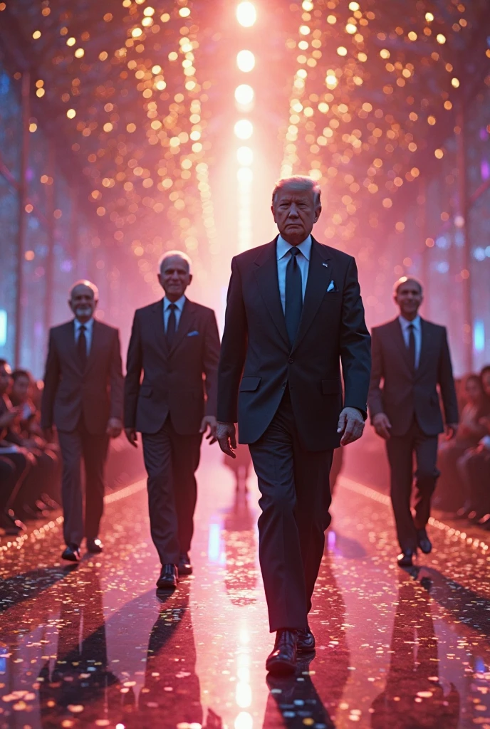 A surreal, vibrant cinematic scene of top renowned world leaders ...