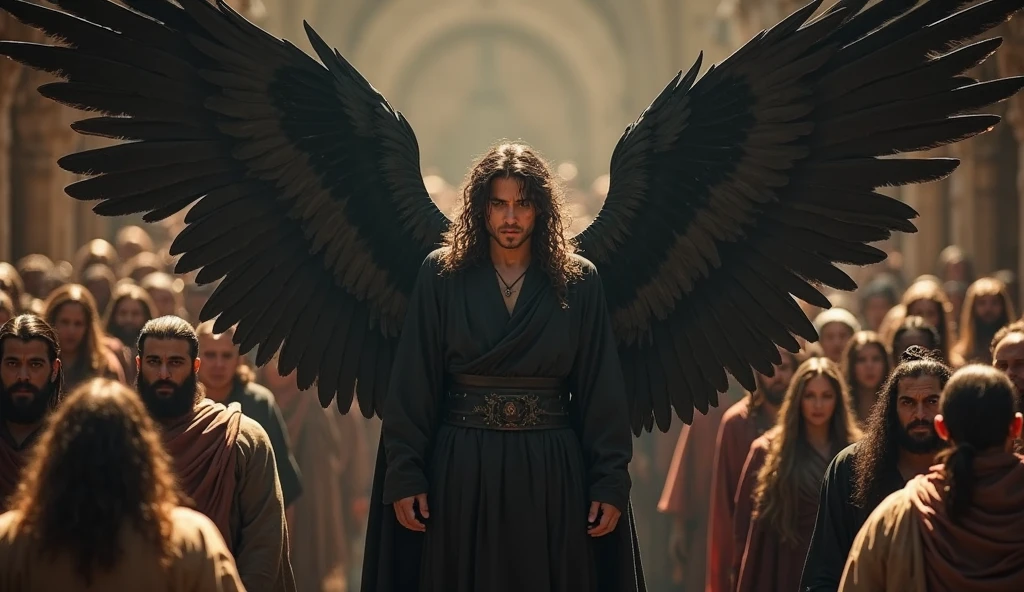 Close-up of a dark, powerful angel with massive black wings, shown from ...