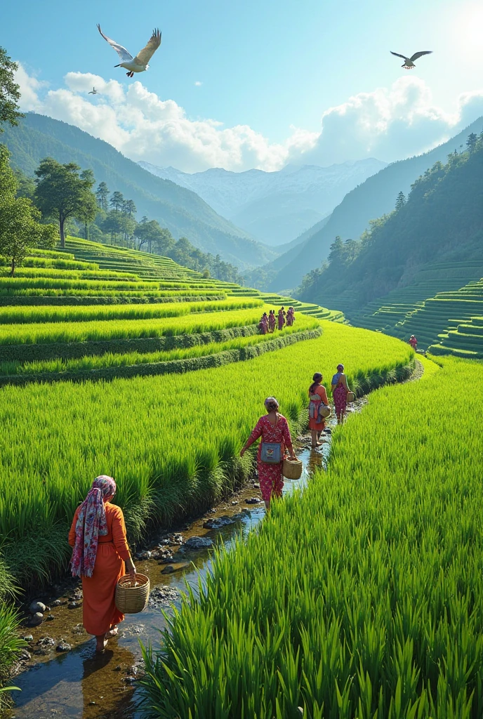 A whimsical scene in a lush,terraced Bhutanese paddy field,where all ...