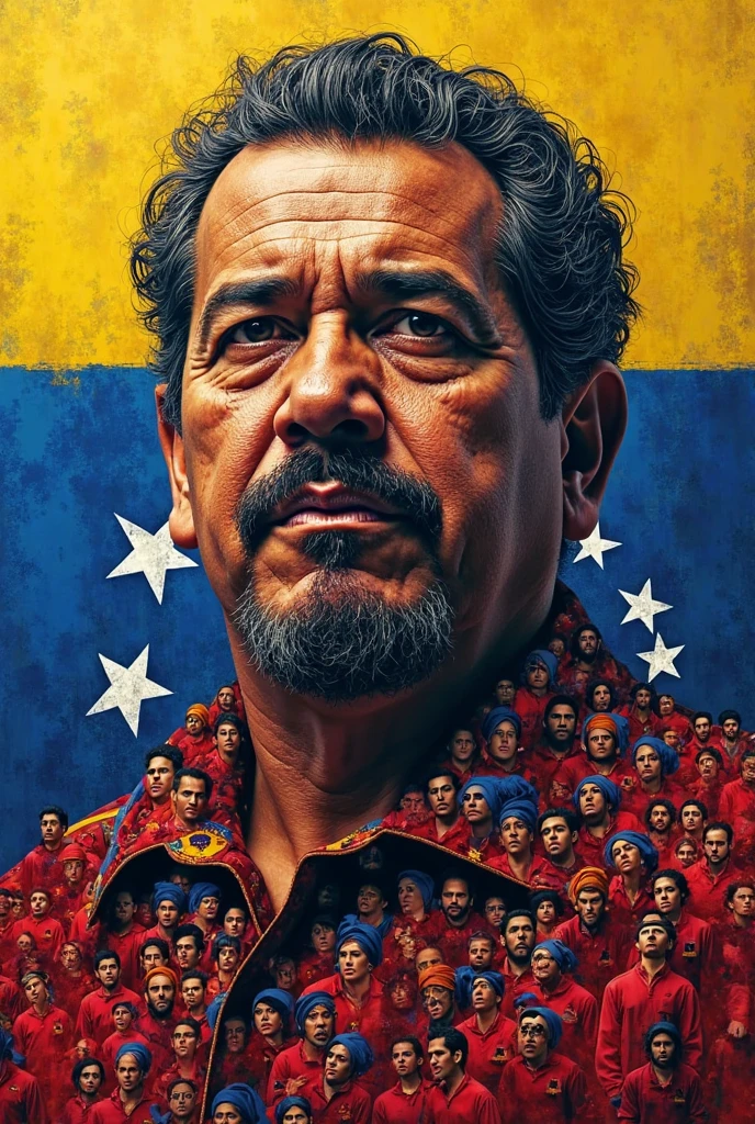 Hugo Chavez with Venezuelan flag in the background and the image formed ...