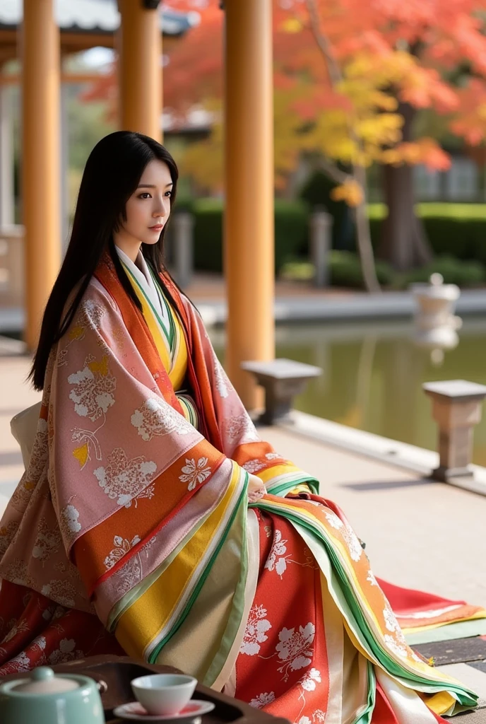 Within the opulent confines of a Heian-era palace, a noblewoman sits ...
