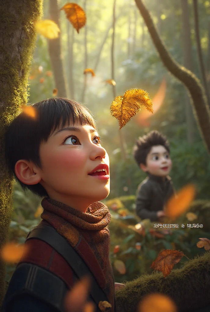 Create 5 different scenes with the two characters in the green forest ...