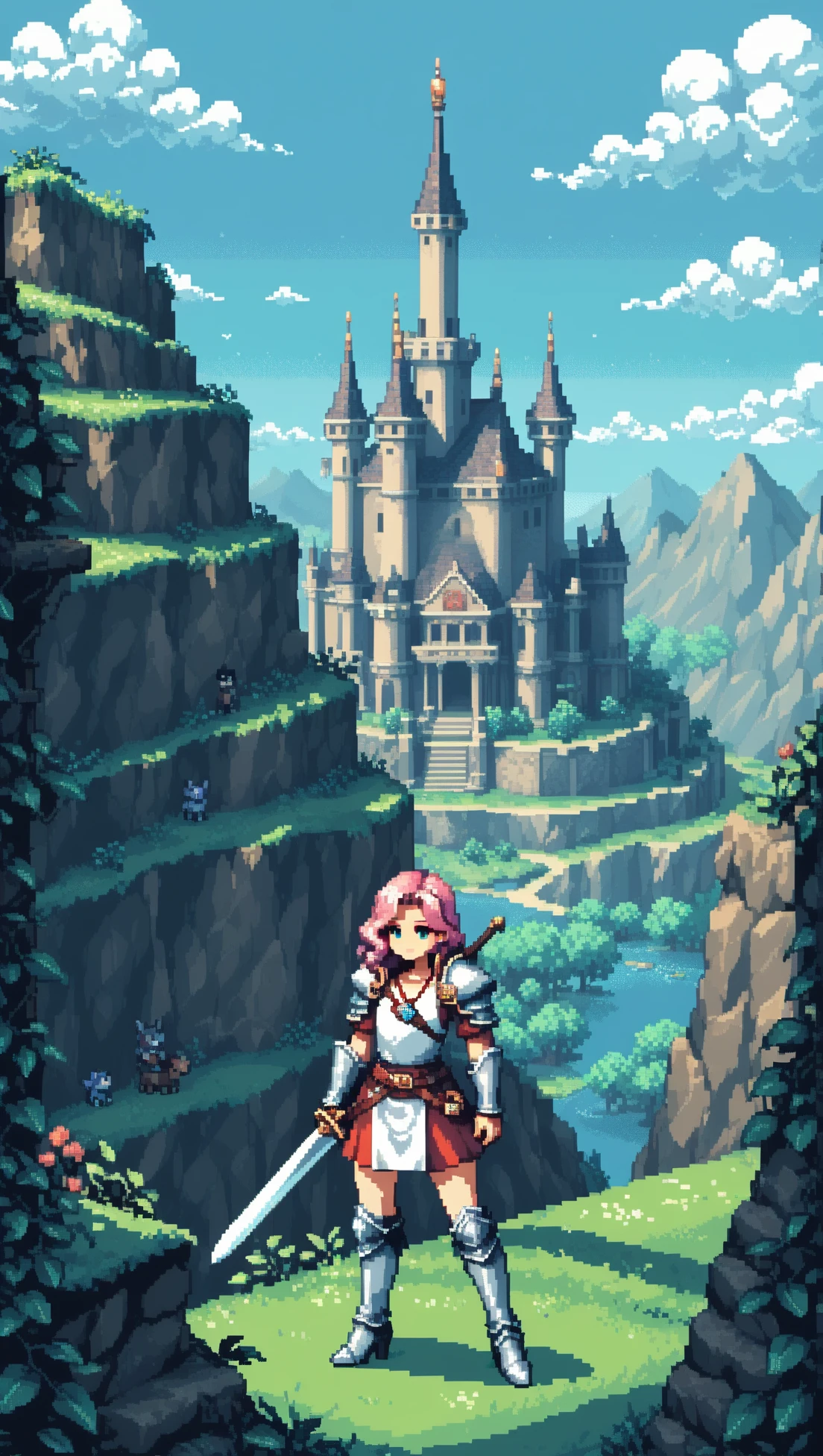Pixel art sprite of a fantasy RPG female warrior character in 1988 ...
