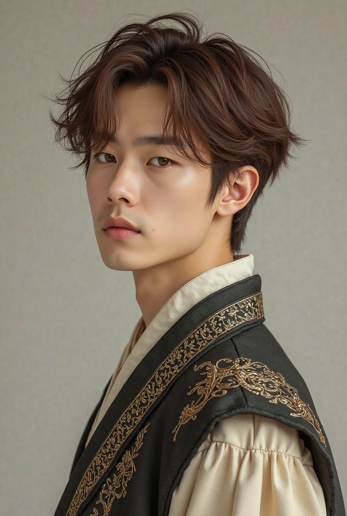 A Korean boy with a slim body , dressed in medieval style, with honey ...