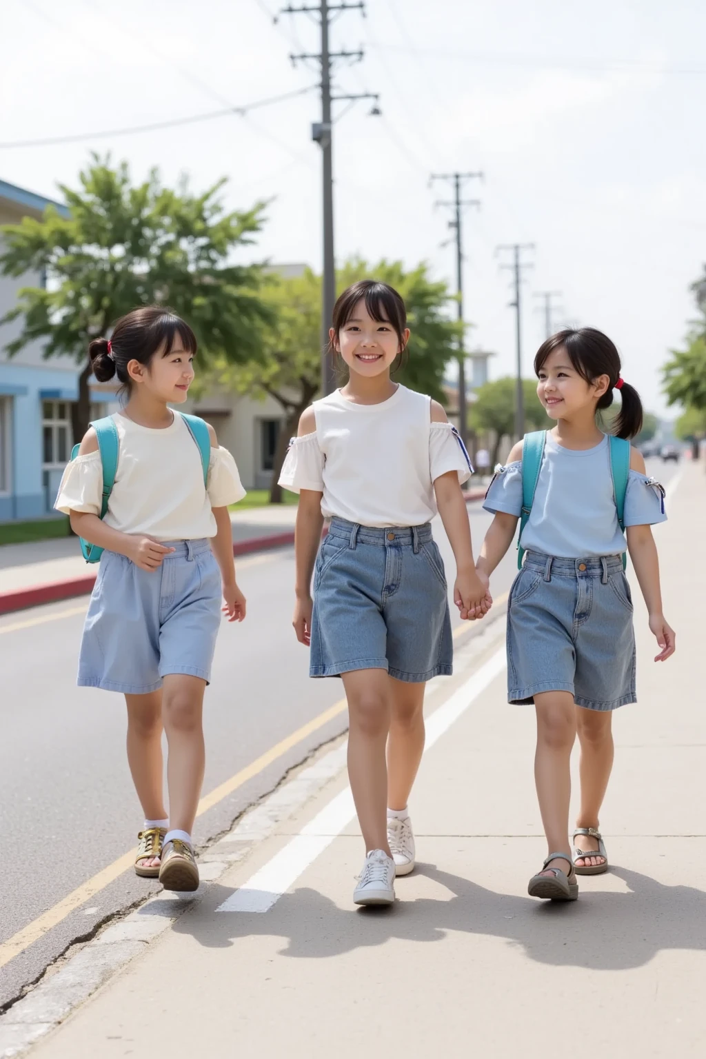 1girl, Elementary school students wearing cutaway shoulders are walking ...