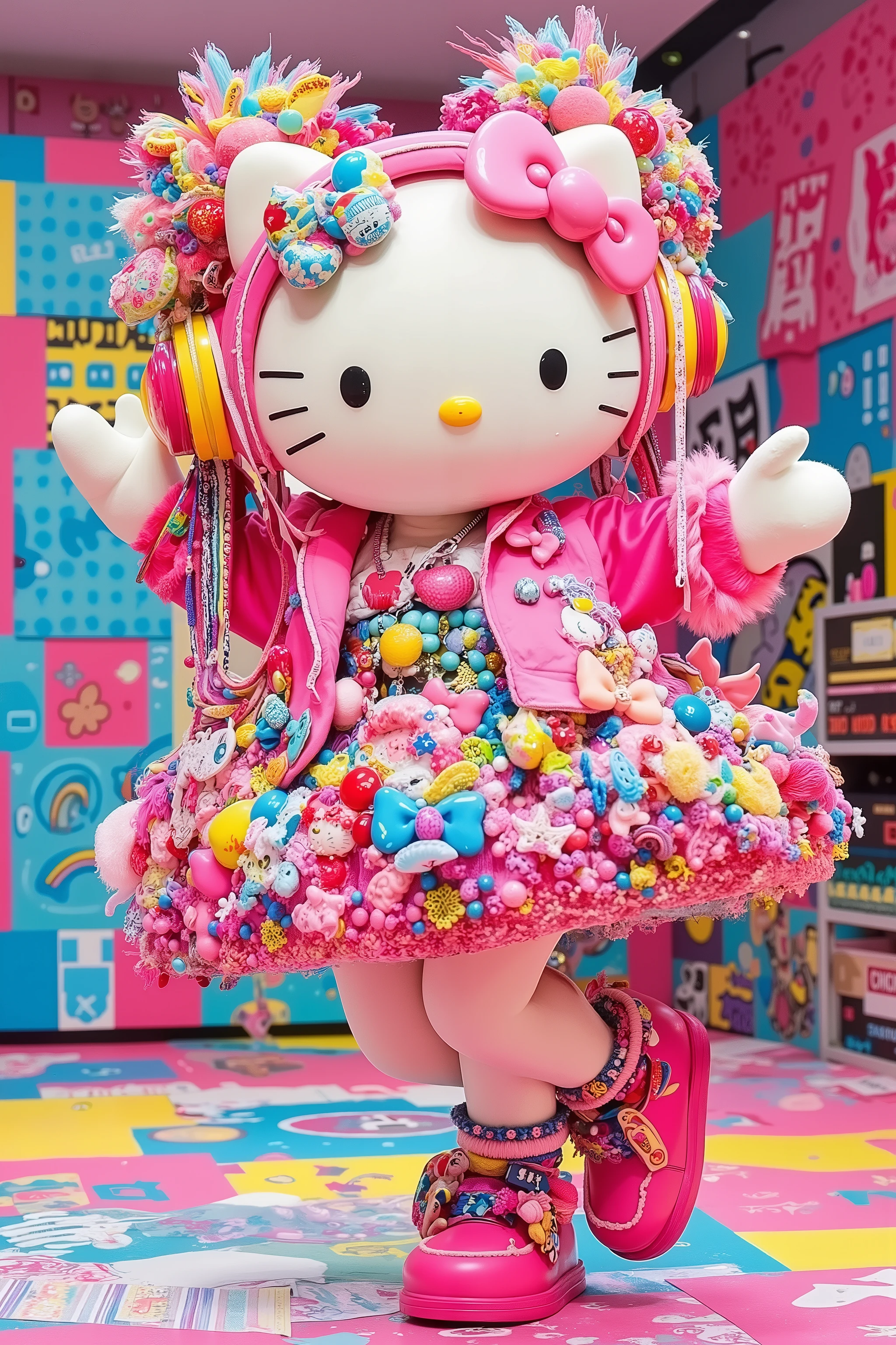Hallo kitty head,8 heads tall,,full body,decora,dancing,headphone ...