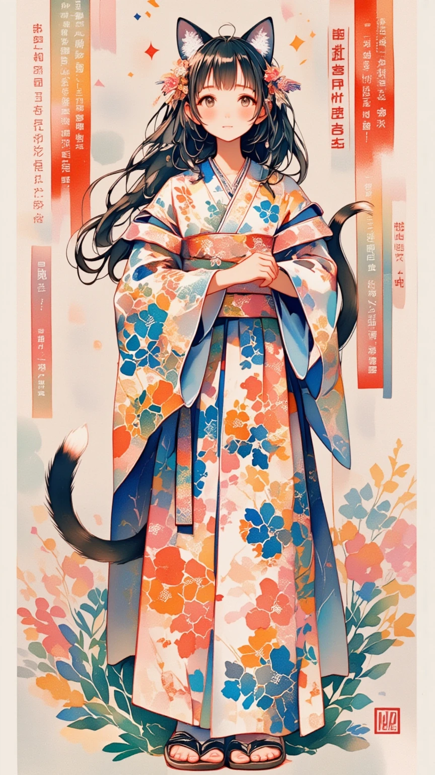 cute anime girl with a very small head and body 、 Cute cat ears are ...