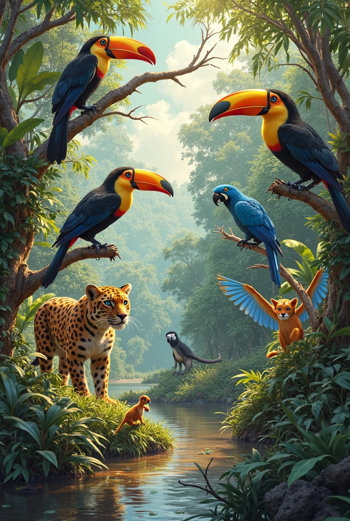 An image with various animals from the Brazilian fauna such as toucans ...