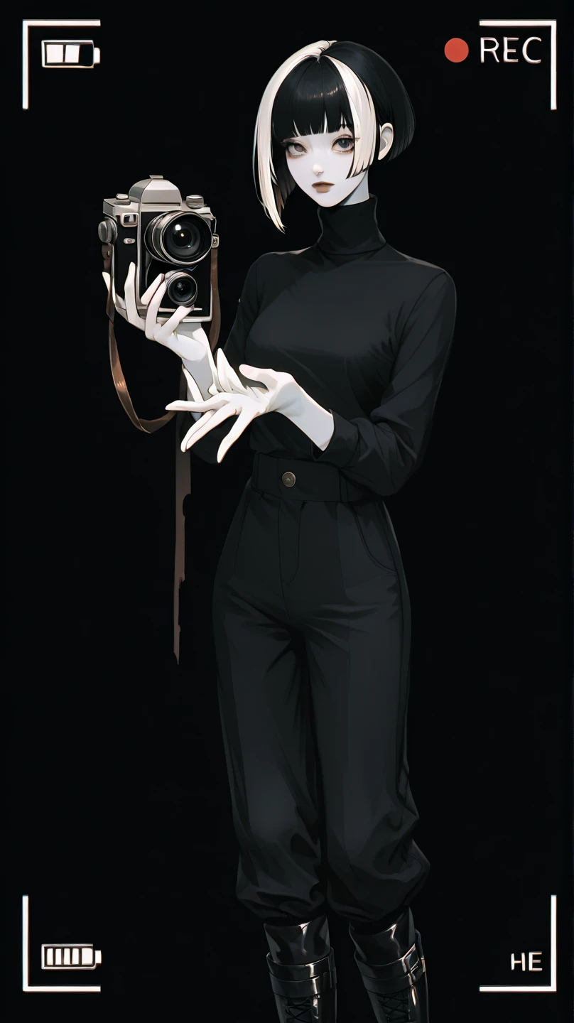 A girl with a short helmet-type haircut with bangs and the color black ...