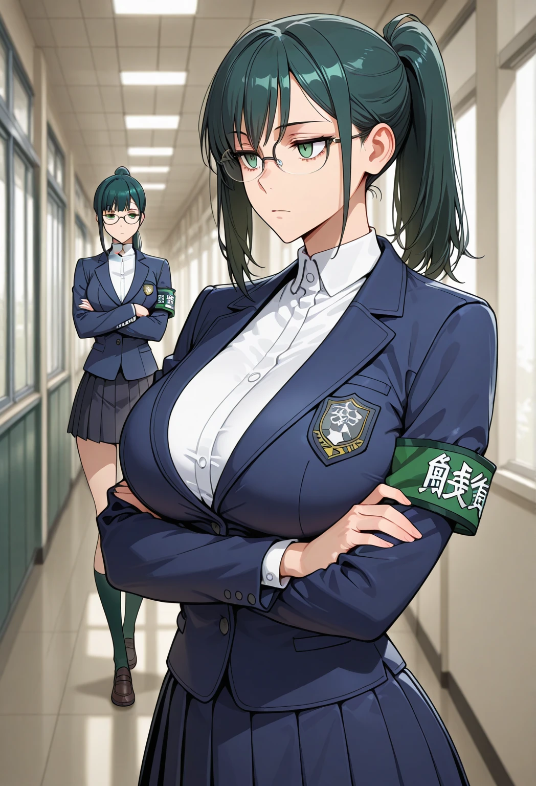 Strict: 1girl, school hallway, dark green hair, ponytail, green eyes ...
