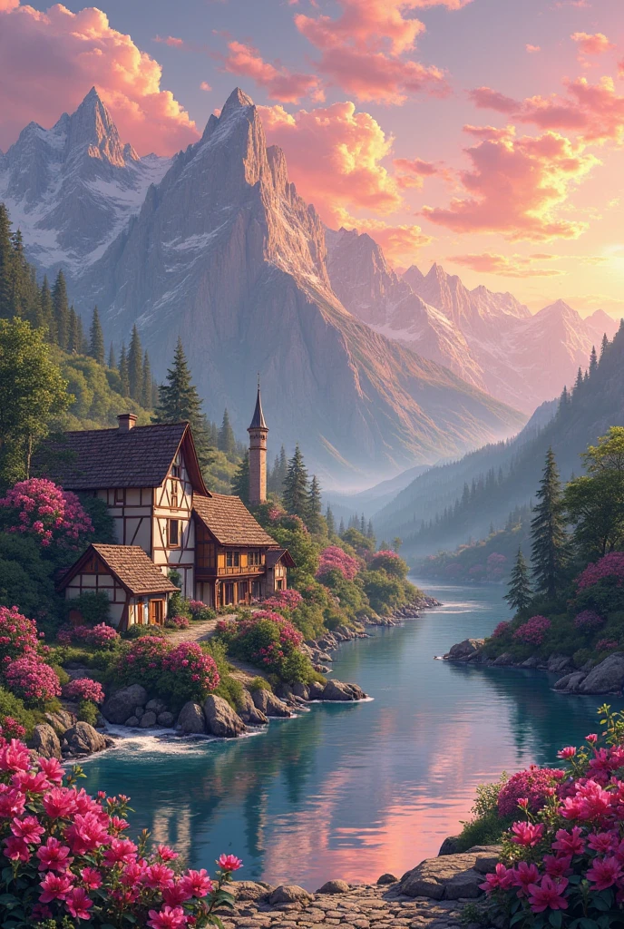 Small village by the river, mountains in the background, colorful pink ...