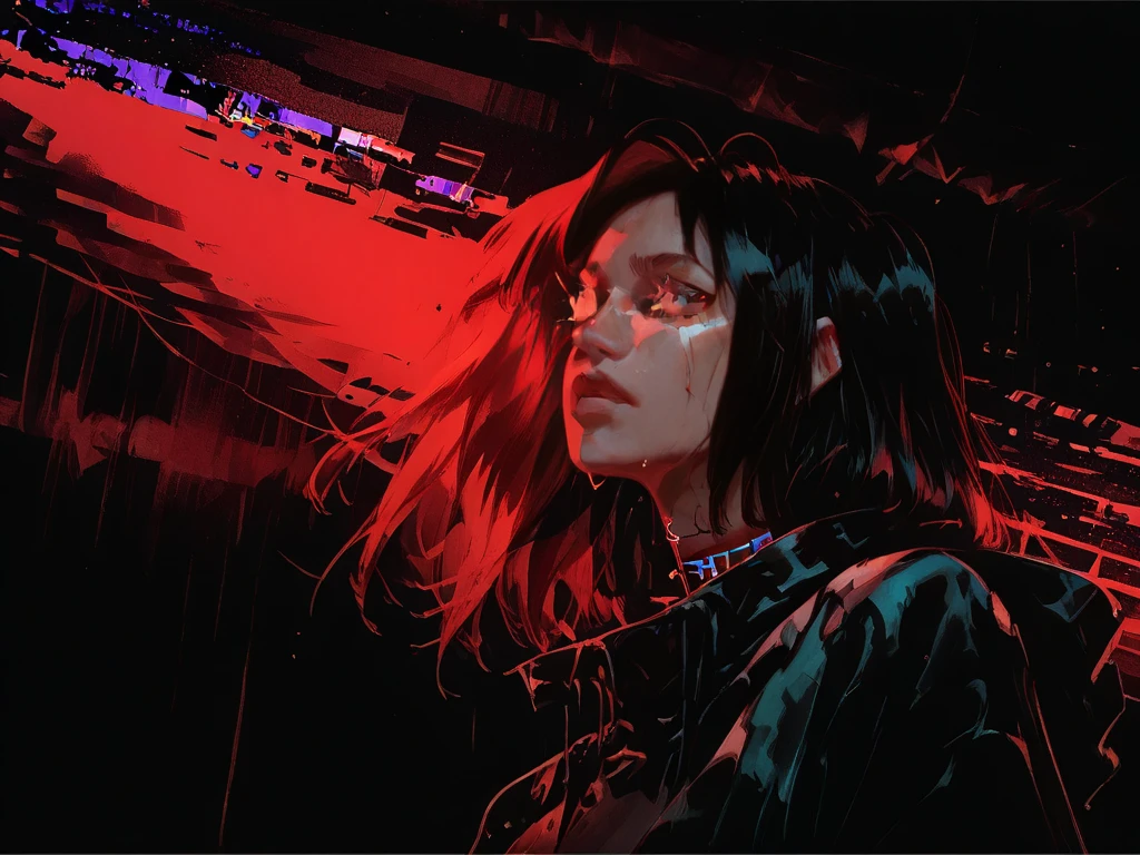 A medium close-up, side view look, of a glitch-woman in a levitating ...