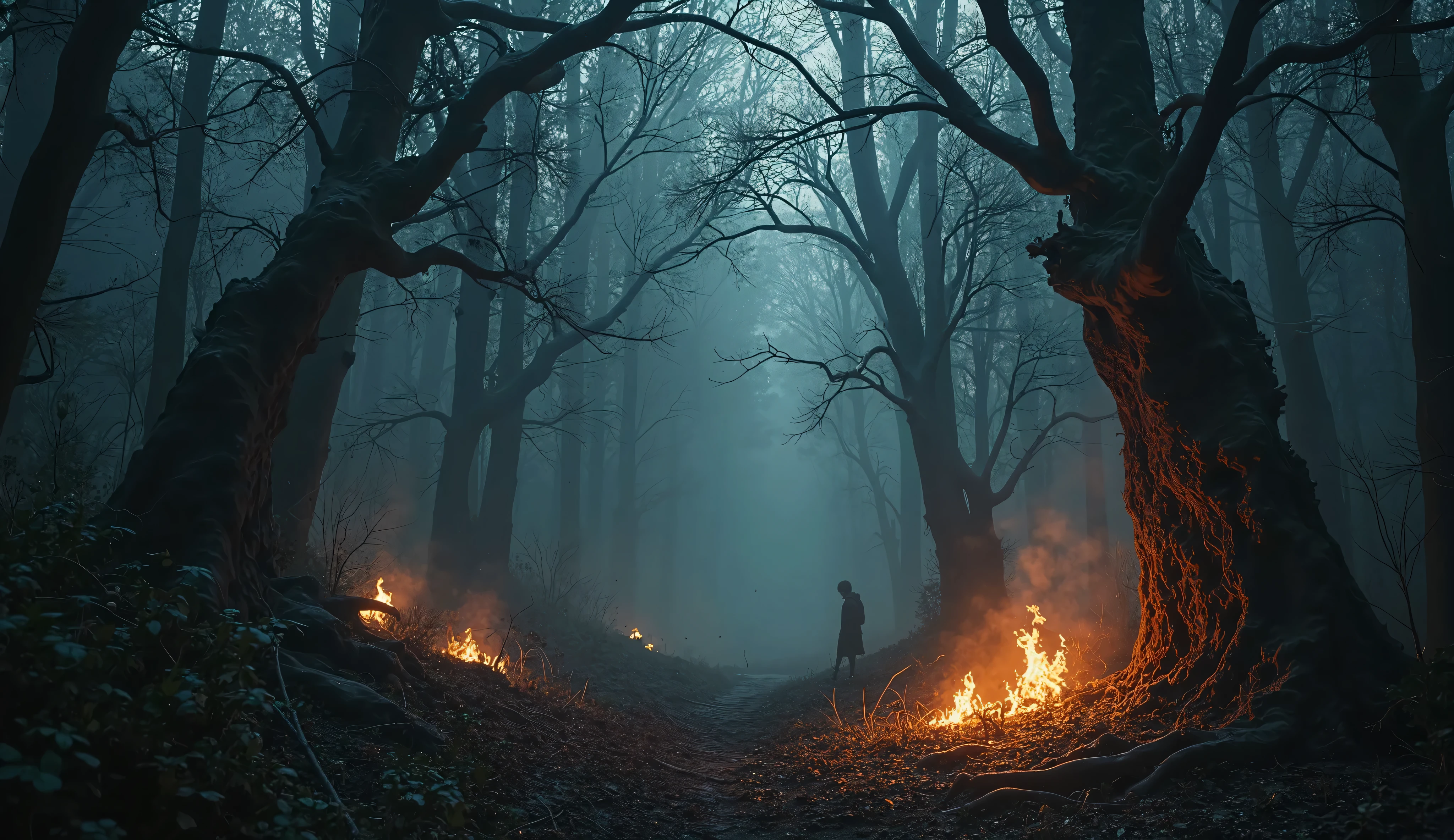 Dark, horror forest, At night, burning altars, (((ultra realistic ...