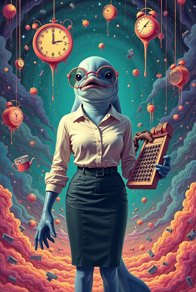 A surreal, psychedelic scene featuring a dolphin in a wildly colorful ...